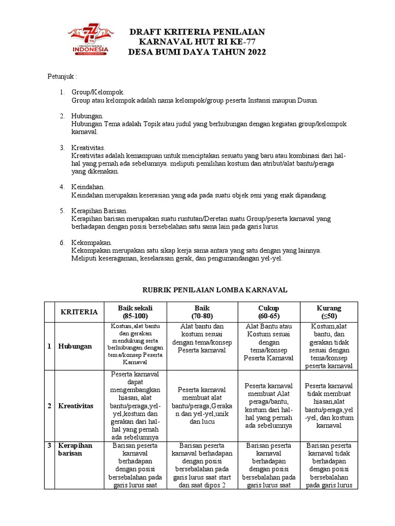 DRAFT KRITERIA PENILAIAN Karnaval | PDF