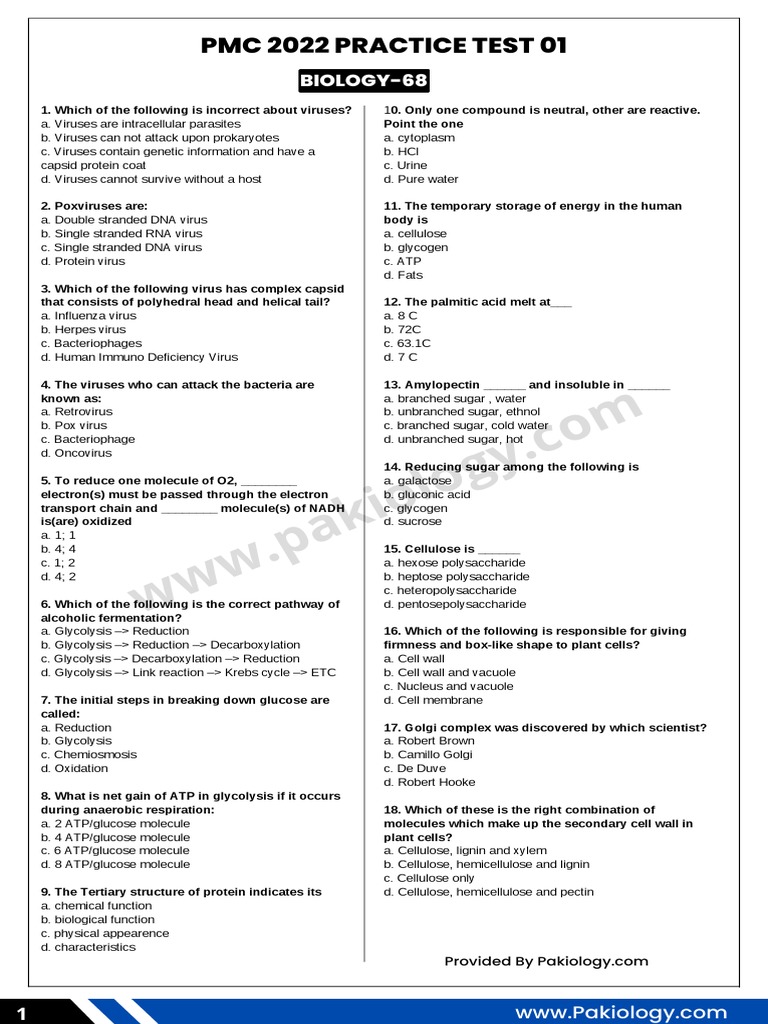 PMC Biology Practice Test 2022 | PDF | Ion | Electric Field
