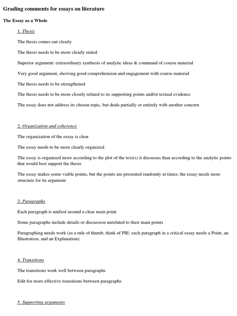 Grading Comments For Essays On Literature | PDF | Essays | Punctuation