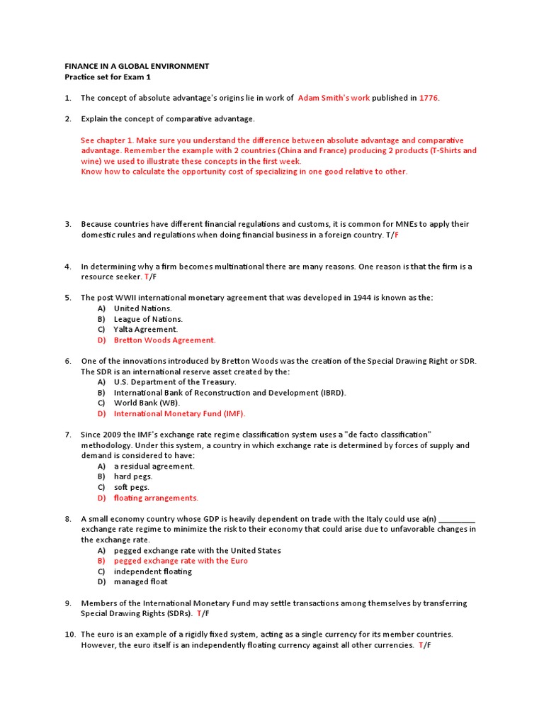 Global Finance Exam Practice Set | PDF | Balance Of Payments | Exchange ...