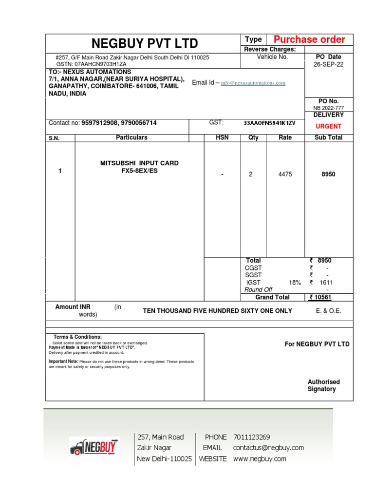 Negbuy Pvt Ltd Purchase Order Details | PDF | Taxes | Economies