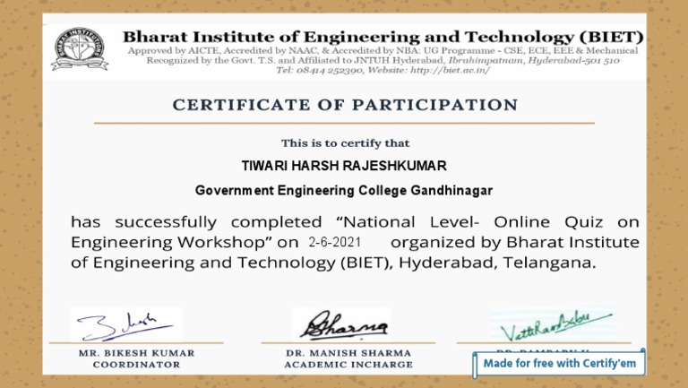Certificate For TIWARI HARSH RAJESHKUMAR For - National Level - Online ... Certificate For TIWARI HARSH RAJESHKUMAR For - National Level - Online ...