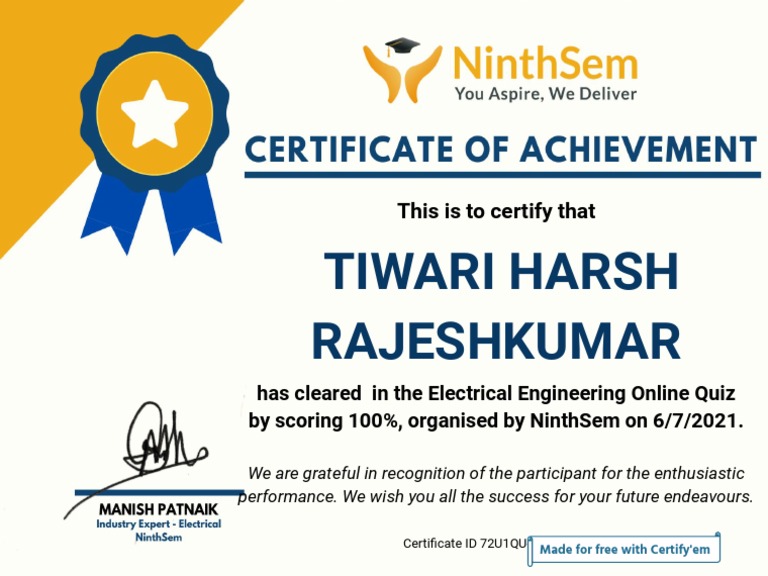Certificate For TIWARI HARSH RAJESHKUMAR For - Electrical Engineering ... Certificate For TIWARI HARSH RAJESHKUMAR For - Electrical Engineering ...