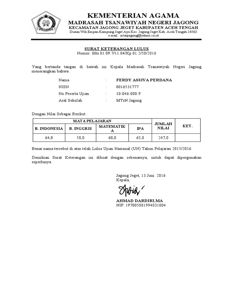 Surat Keterangan Lulus | PDF