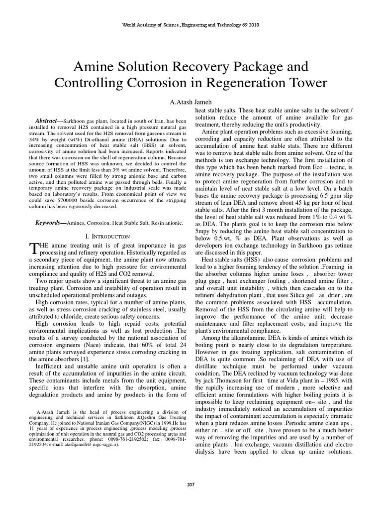 Amine Solution Recovery Package and Controlling Corrosin in Regeneration Tower | PDF | Corrosion ...