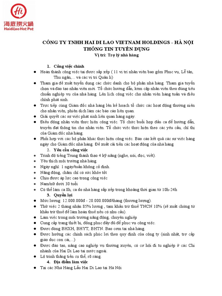 JD TR Lý Nhà Hàng | PDF