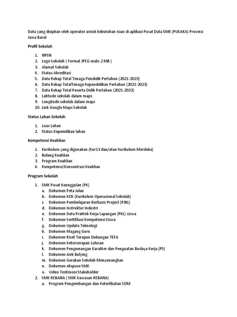 Kebutuhan Data Isian Aplikasi Pusat Data SMK | PDF | Bisnis
