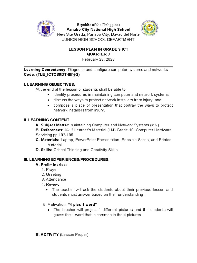 Grade 9 ICT Lesson Plan: Network Maintenance | PDF | Teachers | Lesson Plan