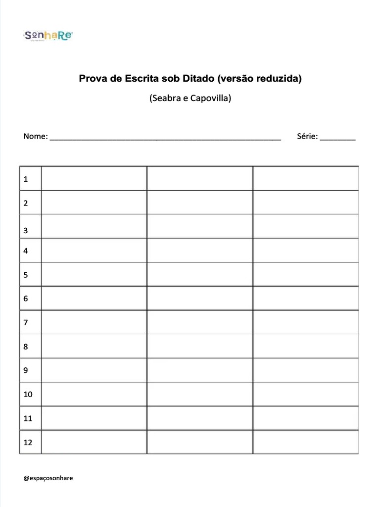 Prova de Escrita sob Ditado Reduzida | PDF
