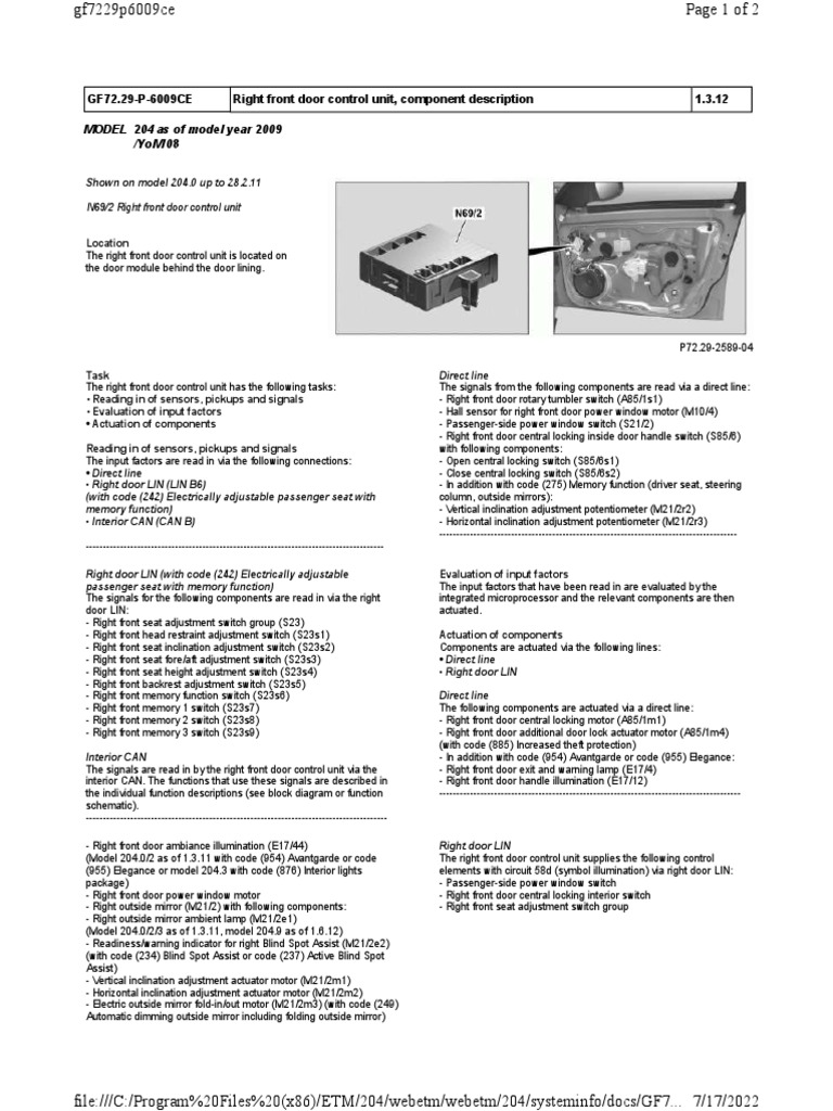 Right Front Door Control Unit, Component Description | PDF | Switch ...
