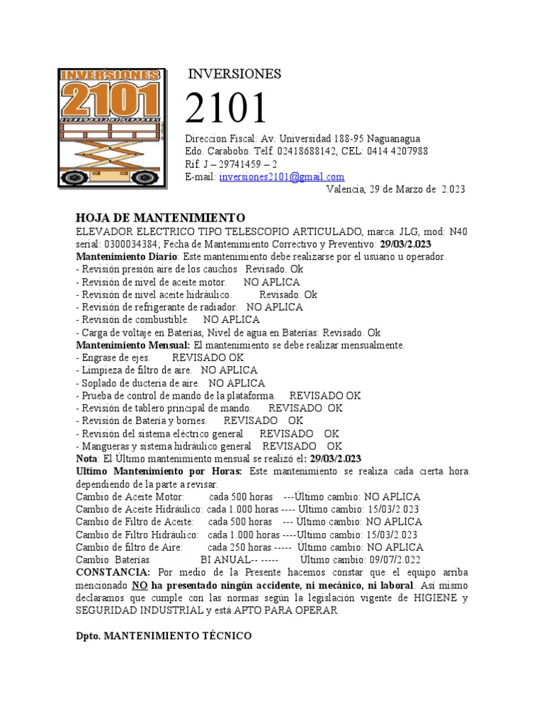 Mantenimiento Elevador JLG N40 | PDF | Negocios | Finanzas y dinero