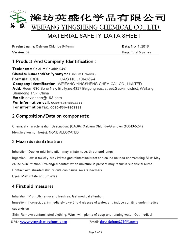 MSDS of Calcium Chloride 94% (YS) | PDF | Chemical Reactions | Magnesium