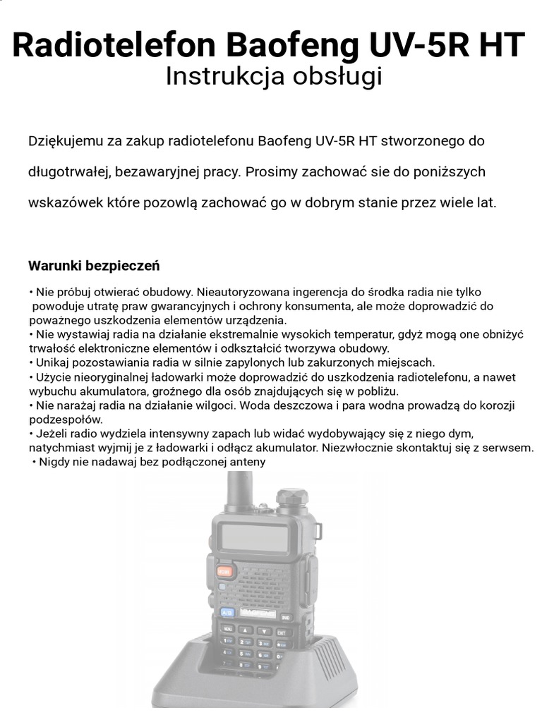 Instrukcja Radiotelefon Baofeng Uv 5r HT | PDF