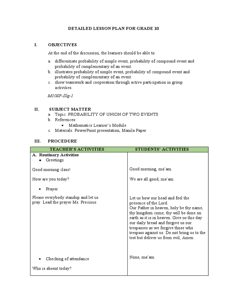 Detailed Lesson Plan For Grade 10 | PDF | Odds | Probability
