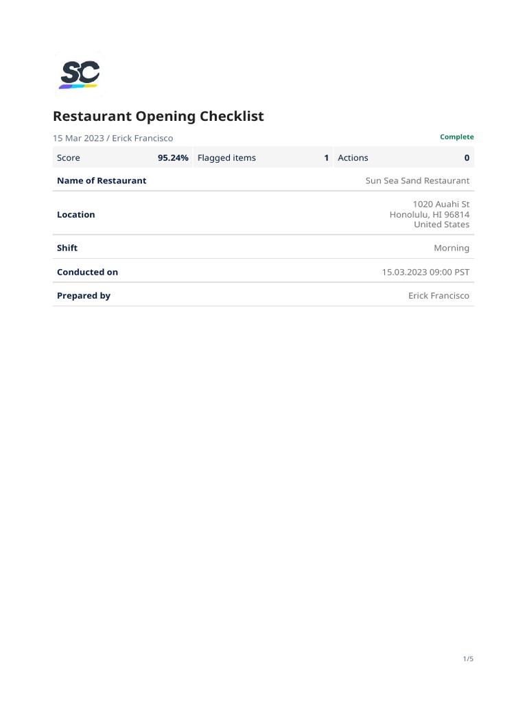 Restaurant Opening Checklist Sample PDF Report | PDF | Tableware
