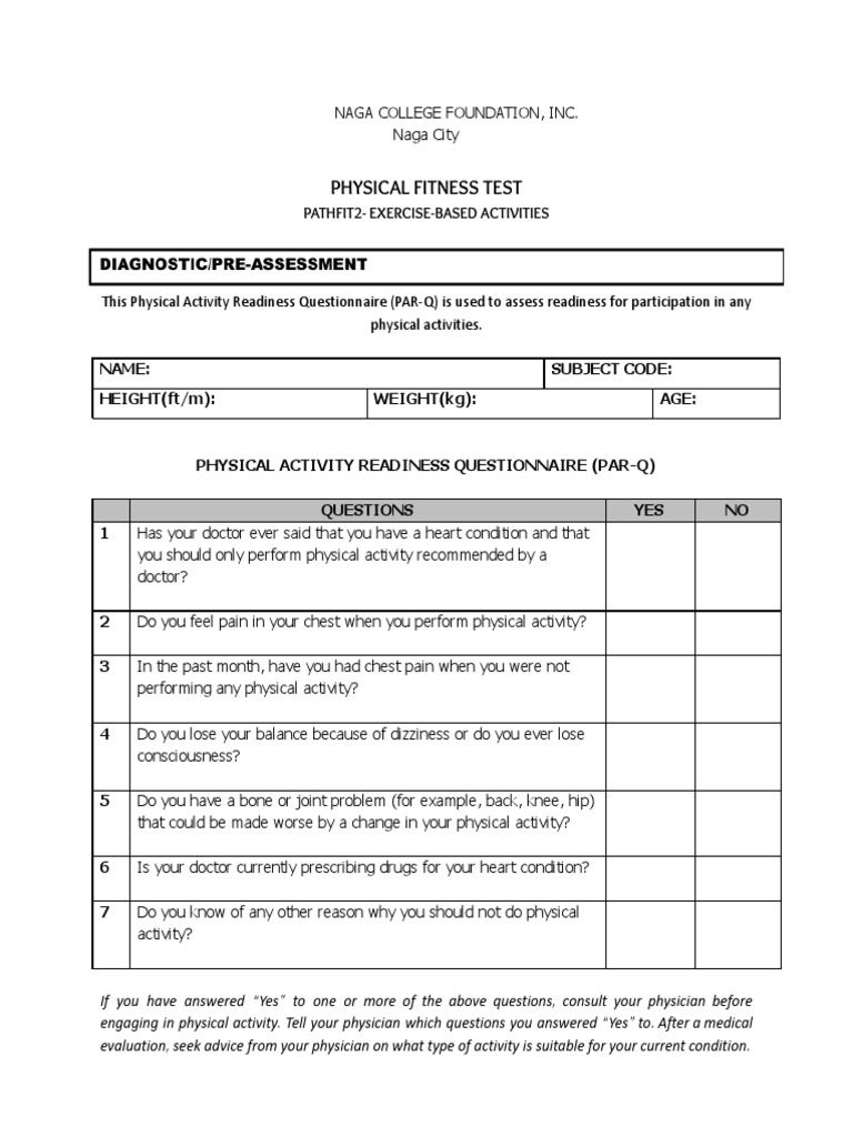 Physical Activity Readiness Questionnaire Par Q | PDF