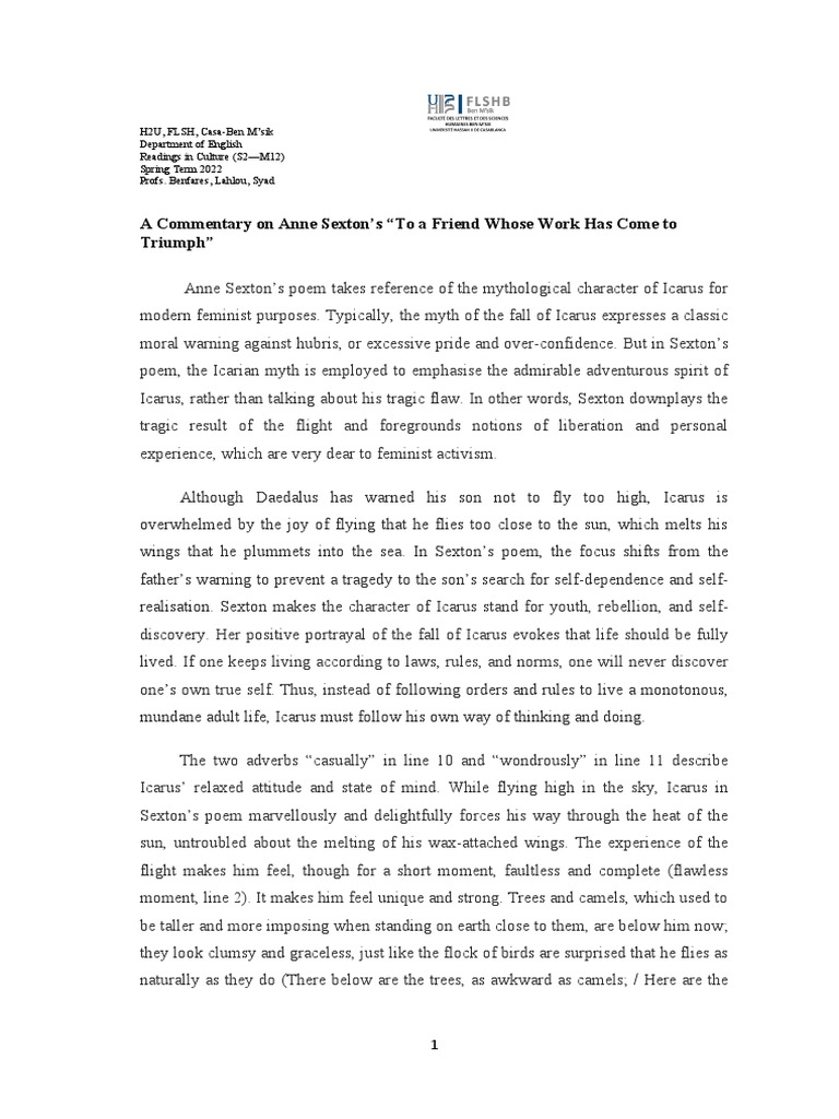 Feminist Themes in Sexton's Icarus Poem | PDF
