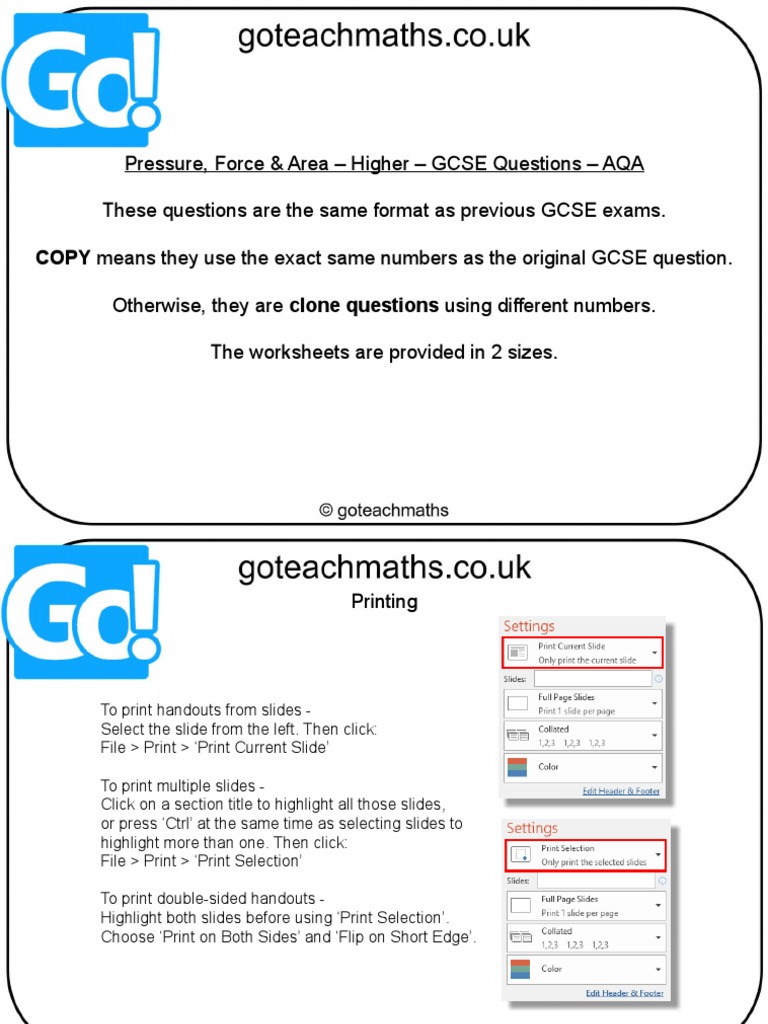 Pressure Force Area Higher GCSE Questions AQA | PDF | Force ...