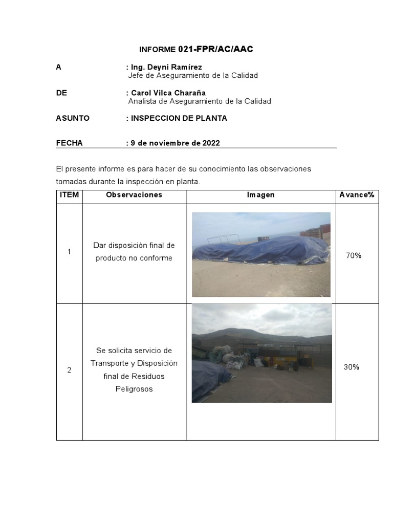 Informe Observaciones de Planta 2022 | PDF | Agua | Materiales