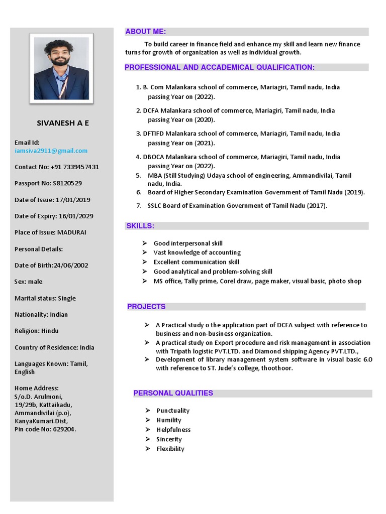 Siva Resume | PDF | Tamil Nadu