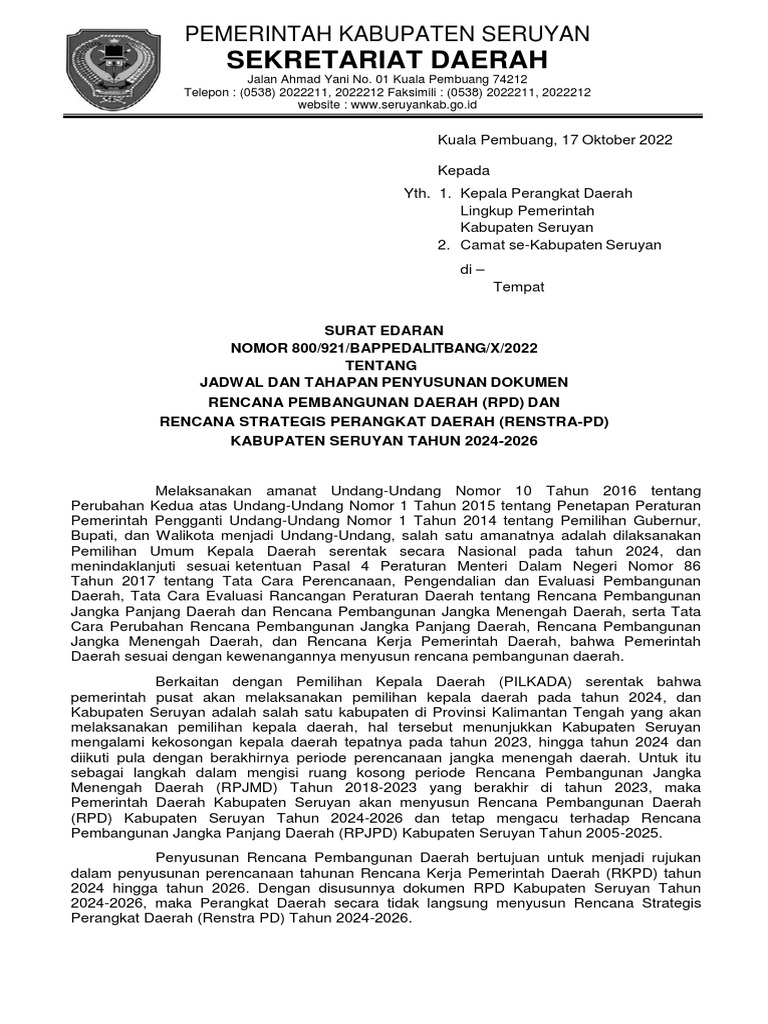 Surat Edaran TTG Jadwal Dan Tahapan Penyusunan RPD Dan Renstra PD Tahun 2024-2026 | PDF