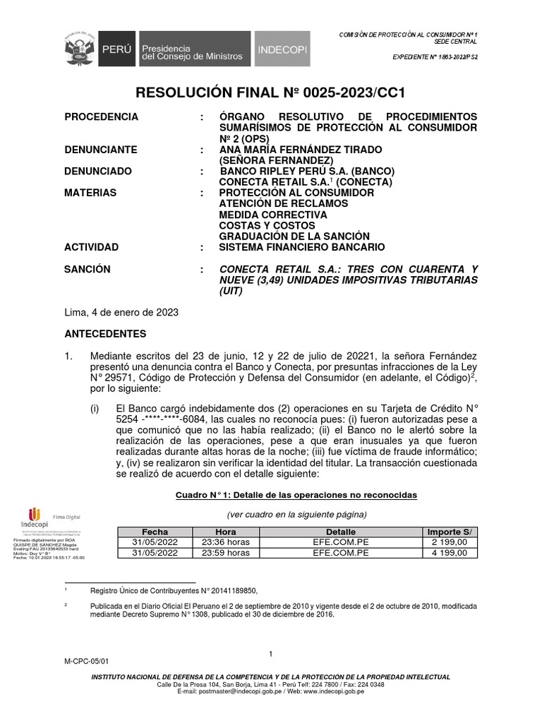 Resolución Final #0025-2023/CC1 | PDF | Multa (pena) | Protección al Consumidor