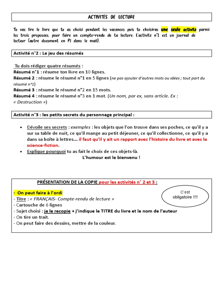 Activités de lecture et résumés créatifs | PDF