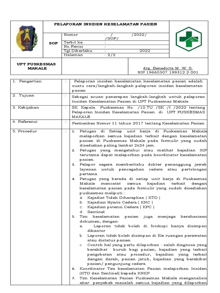 Sop Pelaporan Insiden Keselamatan Pasien | PDF