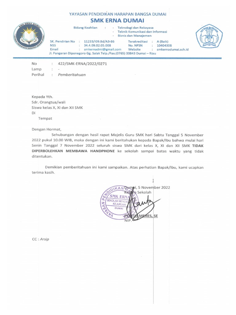 Surat Edaran Dilarang Membawa Handphone 001 | PDF Surat Edaran Dilarang Membawa Handphone 001 | PDF