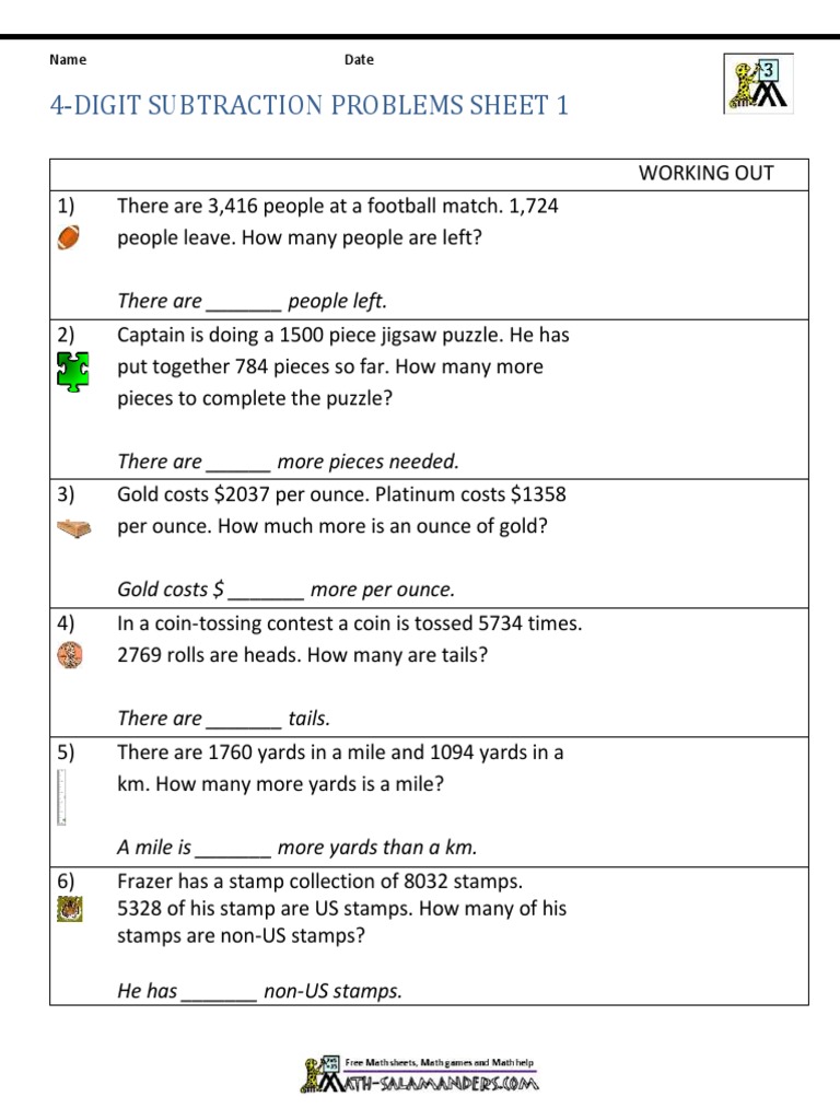 4 Digit Subtraction Word Problems 1 | PDF