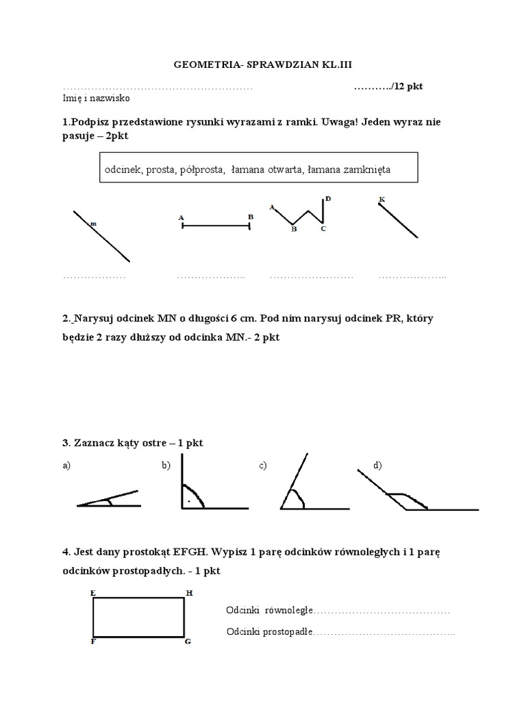 GEOMETRIA Klasa 3 Sprawdzian | PDF