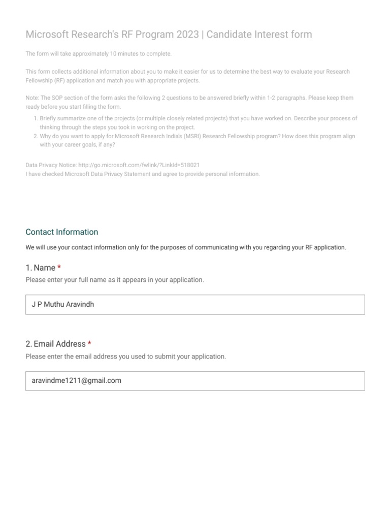 Microsoft Research's RF Program 2023 - Candidate Interest Form | PDF ...