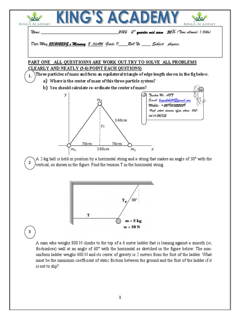 Grade 11 Physics Exam | PDF | Center Of Mass | Force