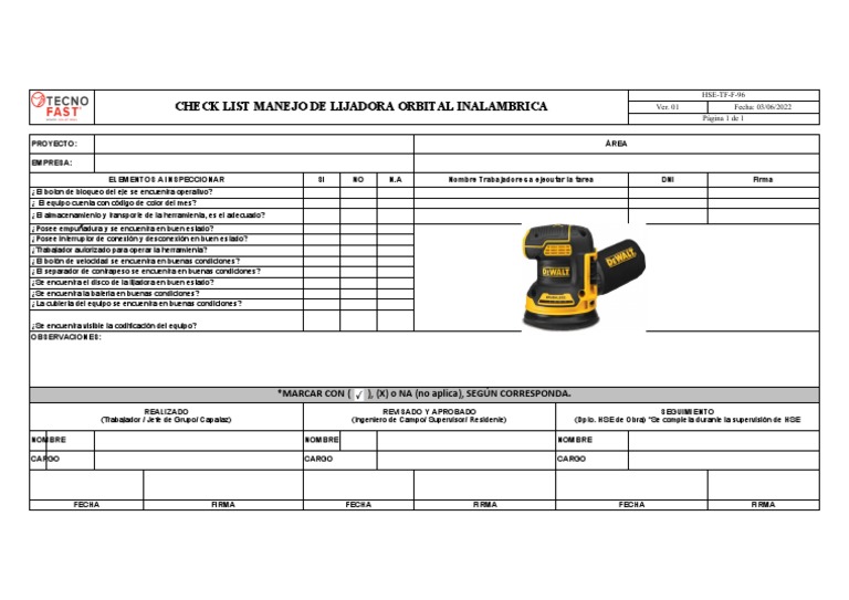 HSE-TF-F-96 Check List Manejo de Lijadora Orbital Inalambrica | PDF ...