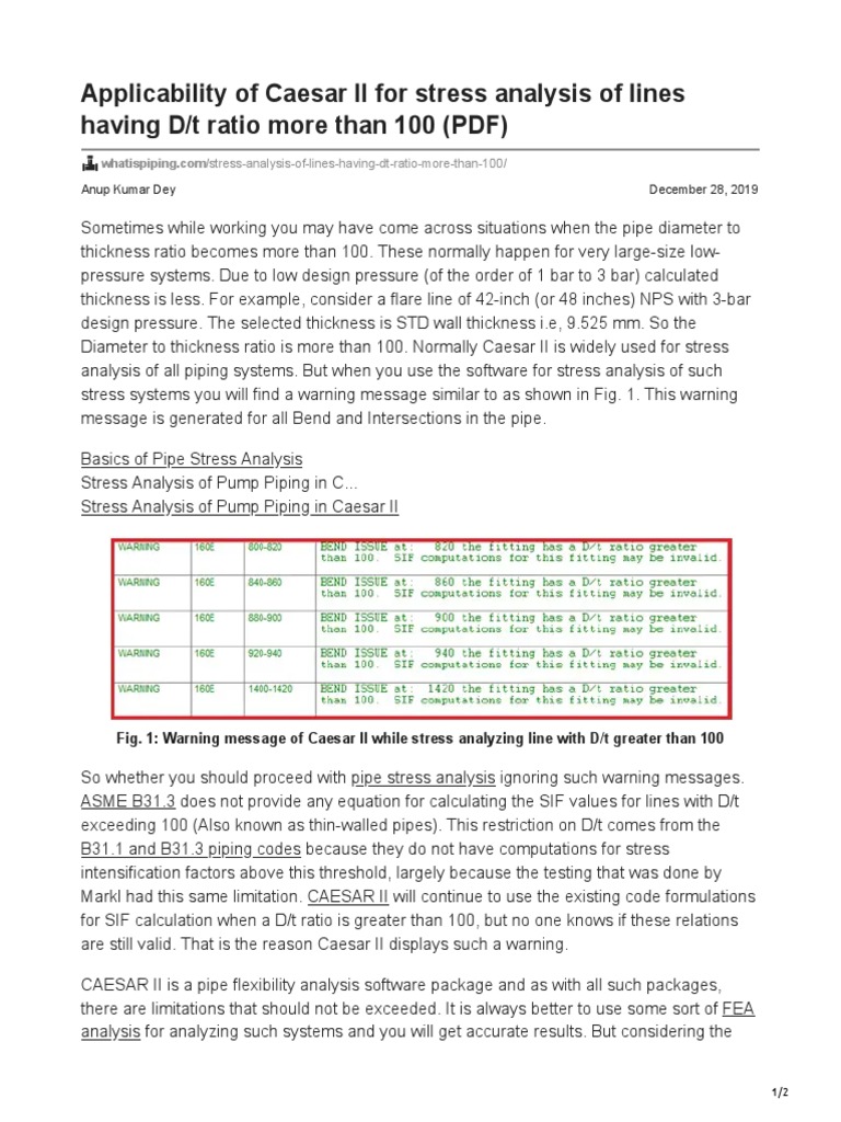 Applicability of Caesar II For Stress Analysis of Lines Having DT Ratio More Than 100 PDF | PDF ...