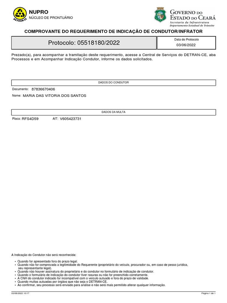 Indicação de Condutor Infrator DETRAN-CE | PDF
