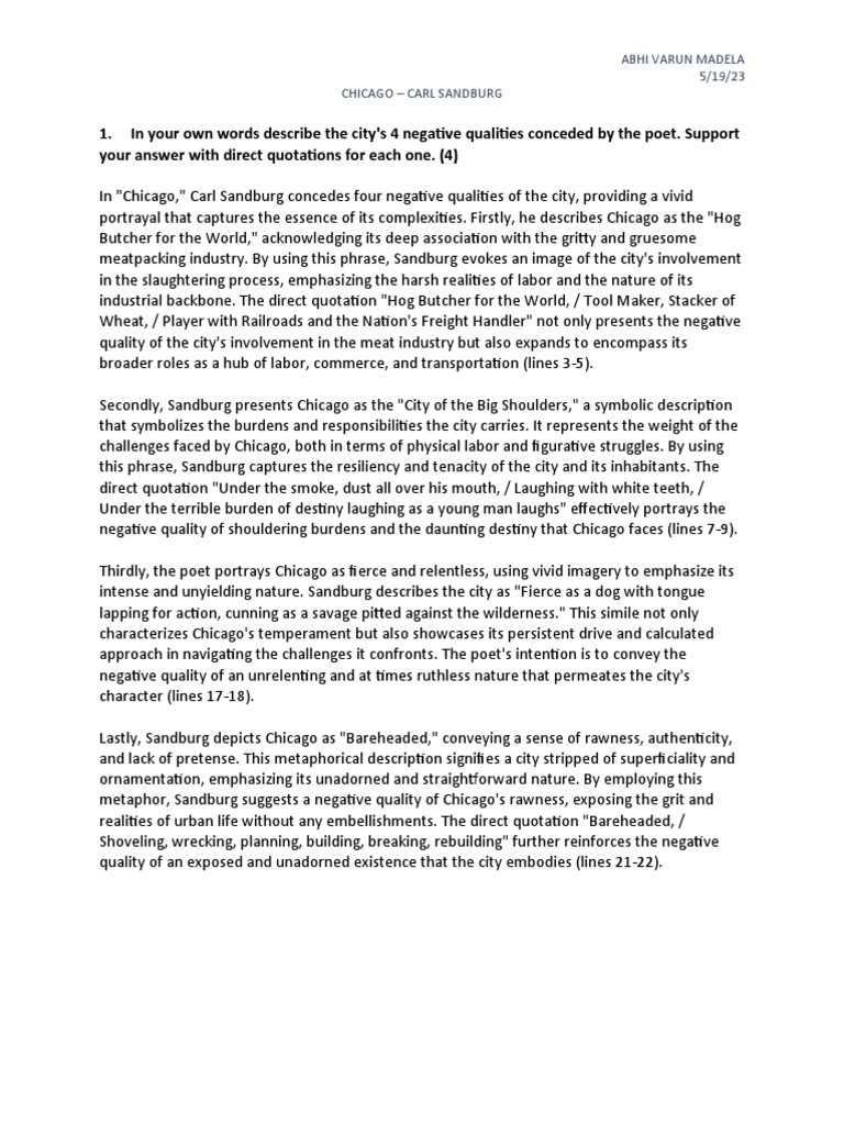 Chicago Carl Sandburg Question Answers | PDF | Poetry | Anthropomorphism