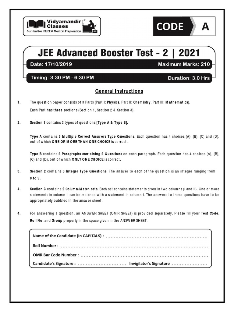 2021 - JEE Advanced Booster Test - 2 - Paper | PDF | Gases | Acceleration