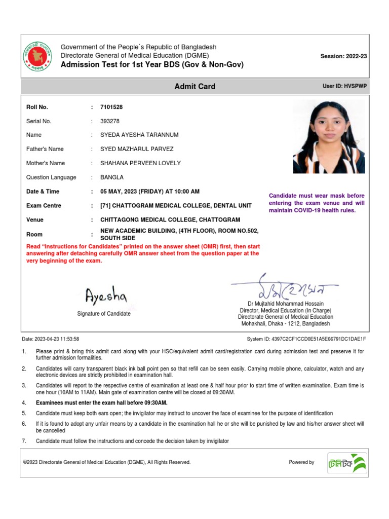 BDS AdmitCard HVSPWP | PDF