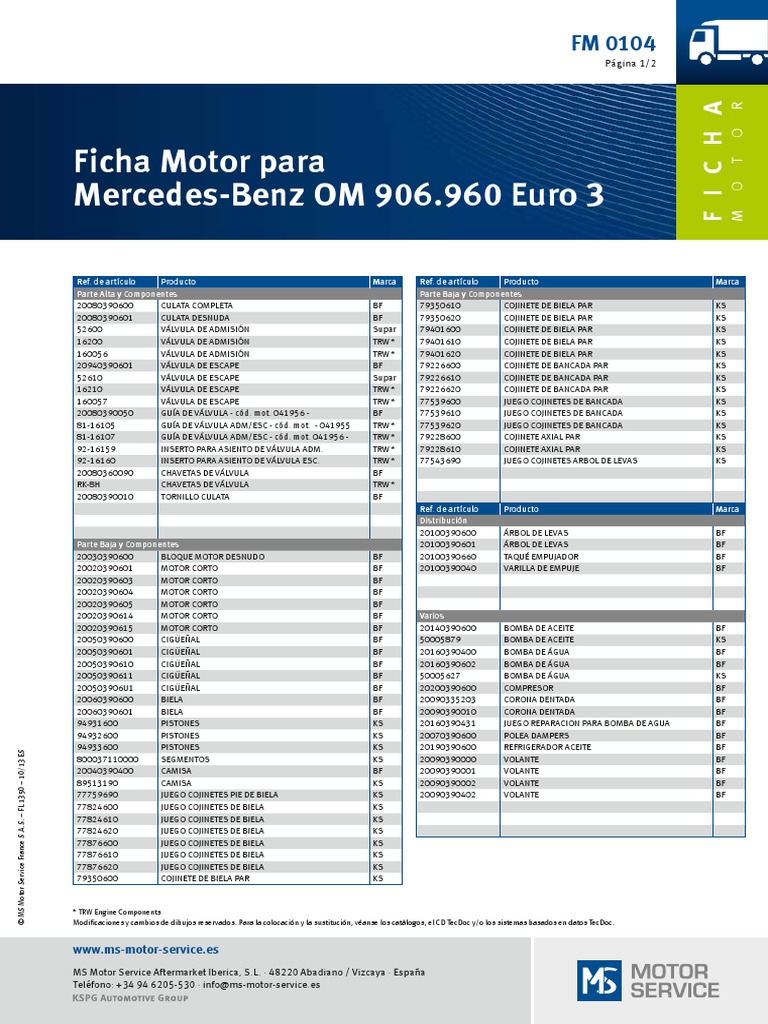 Ficha Motor para MERCEDES BENZ OM 906.960 Euro 3 - 57780 | PDF | Motor ...