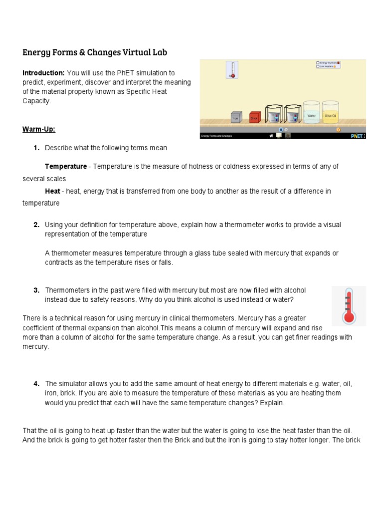 PhET - Energy Forms & Changes Virtual Lab | PDF | Temperature | Heat