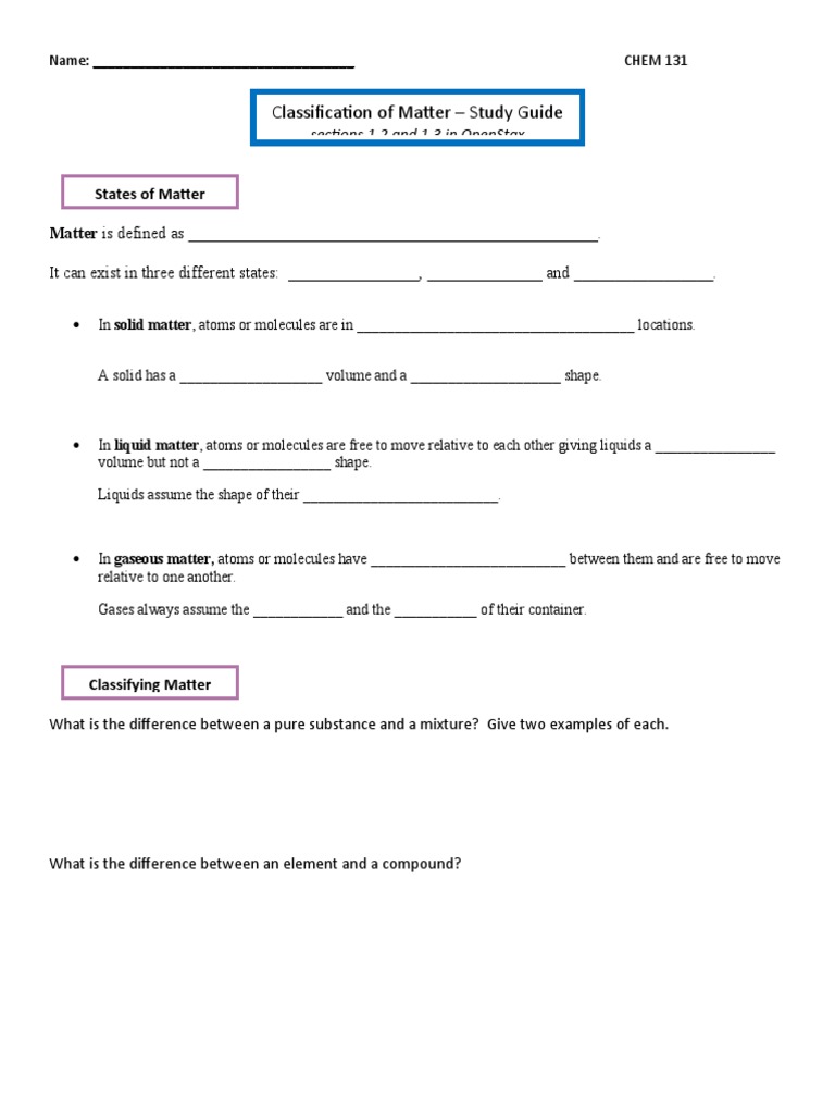 CH1 Classification of Matter Study Guide 1 | PDF