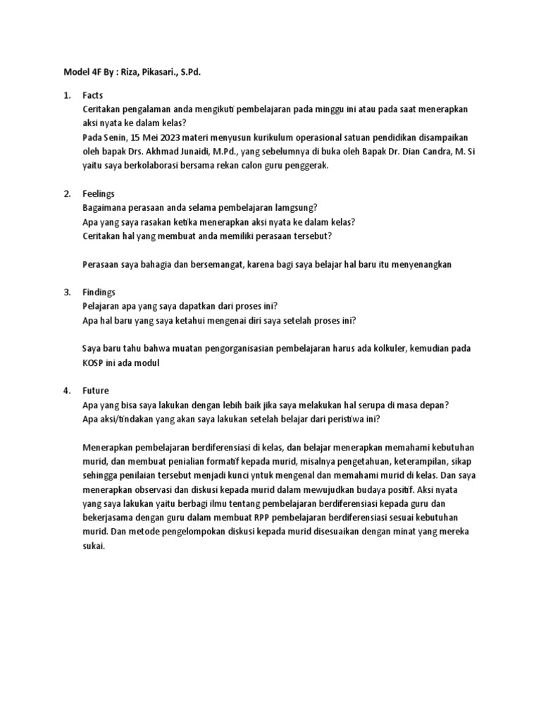 Refleksi Pembelajaran Kerangka 4F | PDF