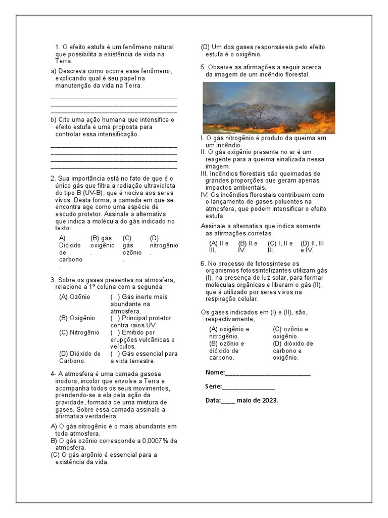 Atividade 7 Ano A B C PDF Atmosfera Oxig nio
