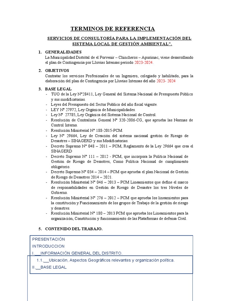 TERMINOS DE REFERENCIA Contingencia | PDF | Defensa Civil | Gobierno