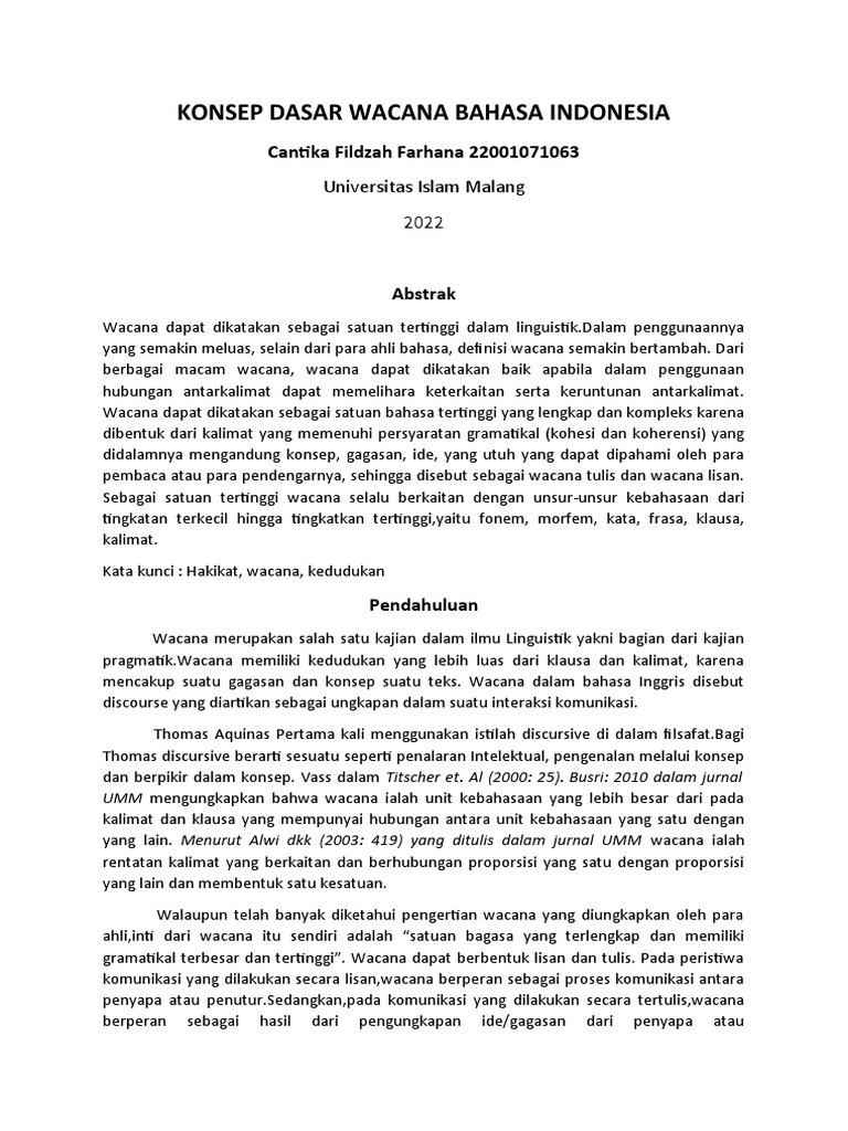 Wacana - Konsep Dasar Bahasa Indonesia | PDF