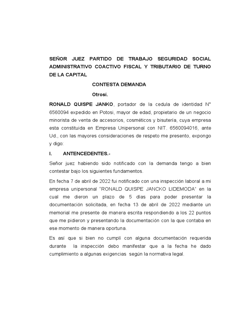 Contestacion Laboral | PDF | Justicia | Crimen y violencia
