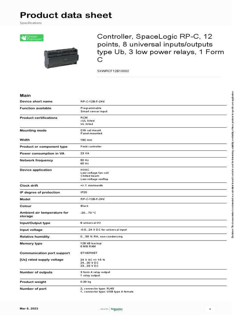 SpaceLogic RP-C-12B Controller Specs | PDF | Usb | Relay