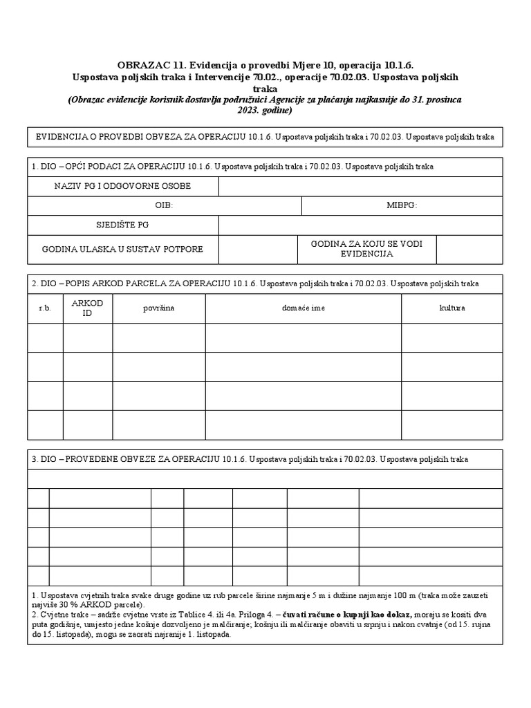 OBRAZAC 11 - Evidencija - Uspostava Poljskih Traka I Intervencije 70.02., Operacije 70.02.03. | PDF