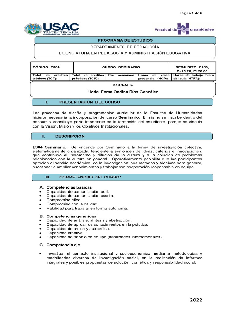 E304 Seminario Programa | PDF | Aprendizaje | Evaluación